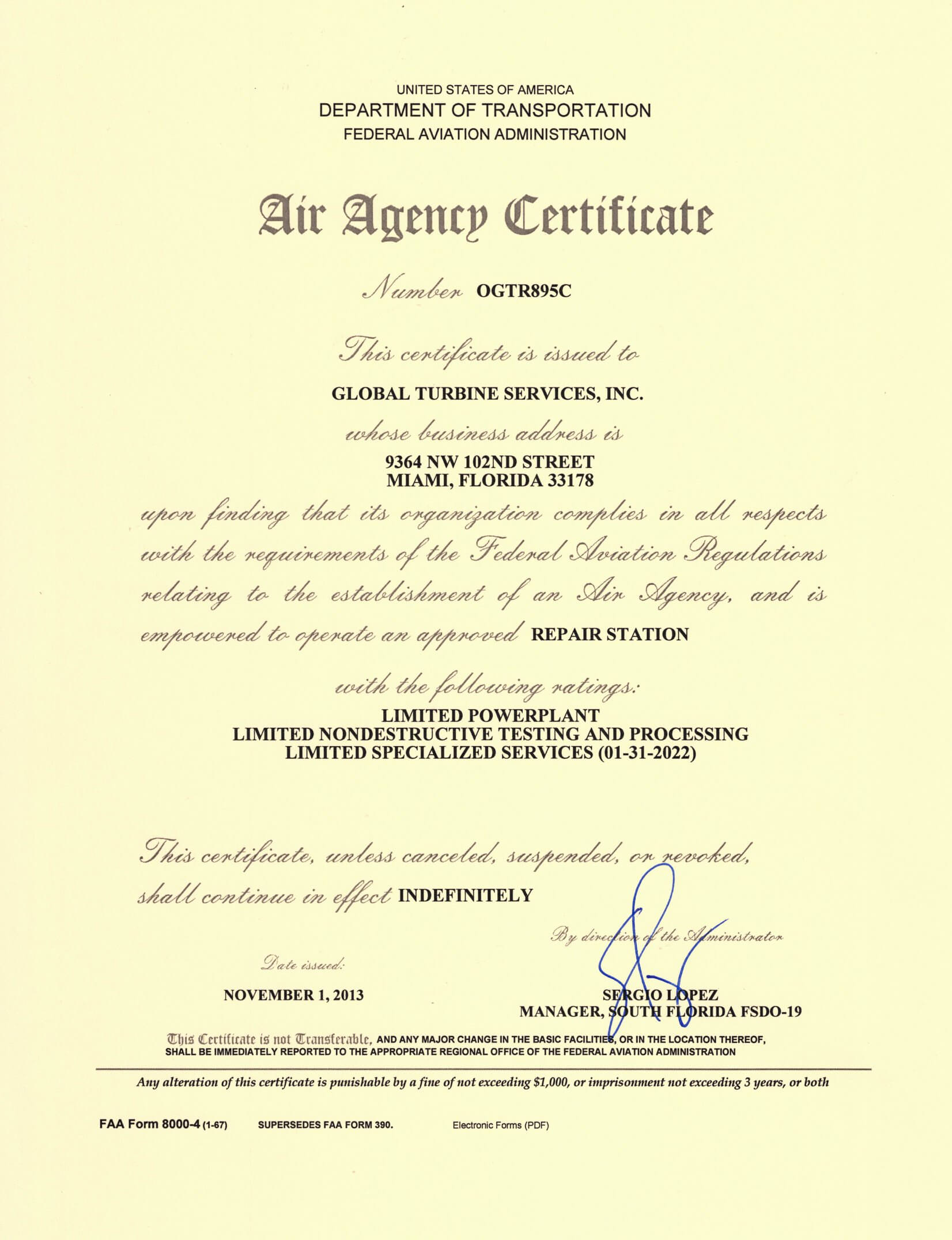 Certifications | Global Turbine Services, Inc. (GTS)
