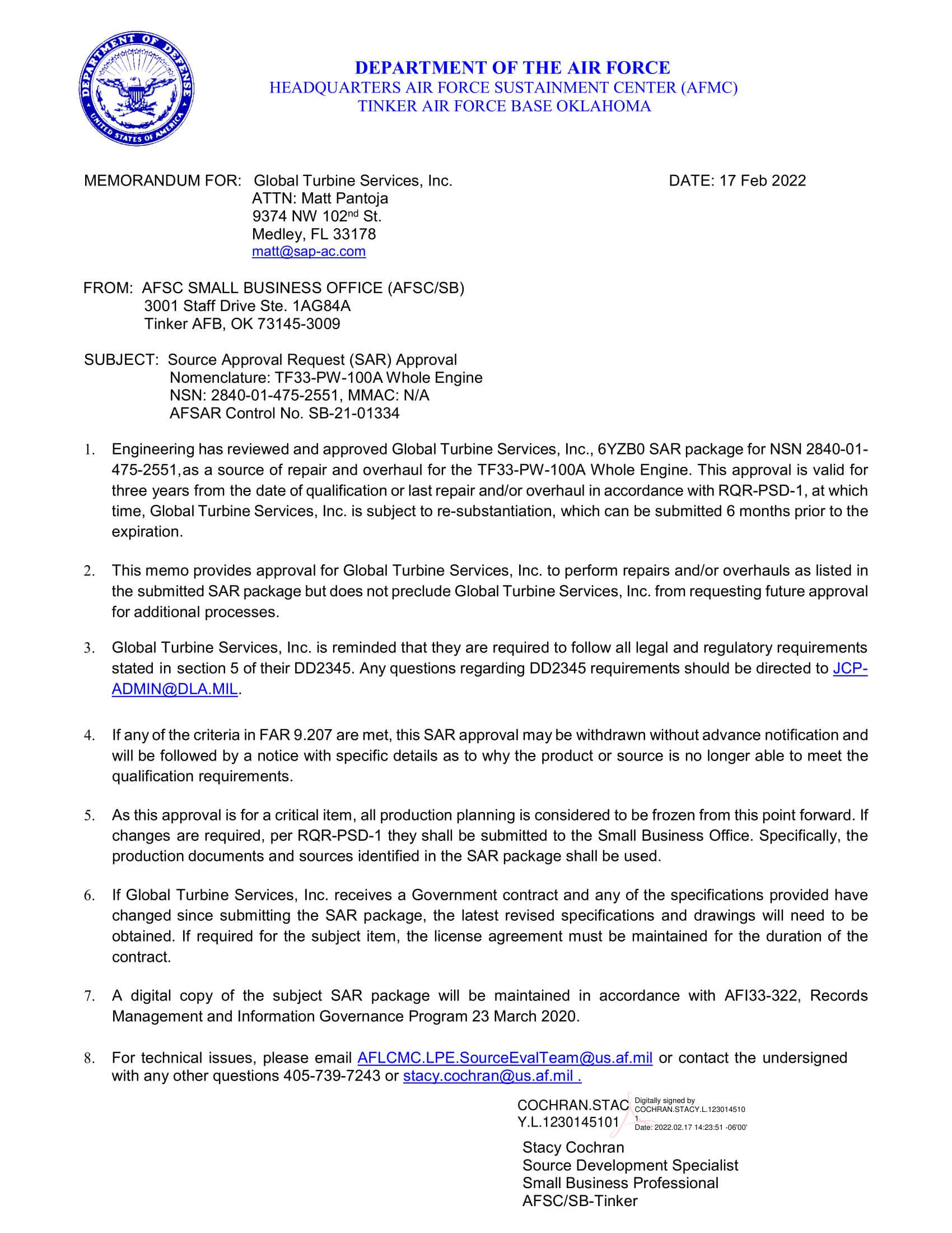 Certifications | Global Turbine Services, Inc. (GTS)